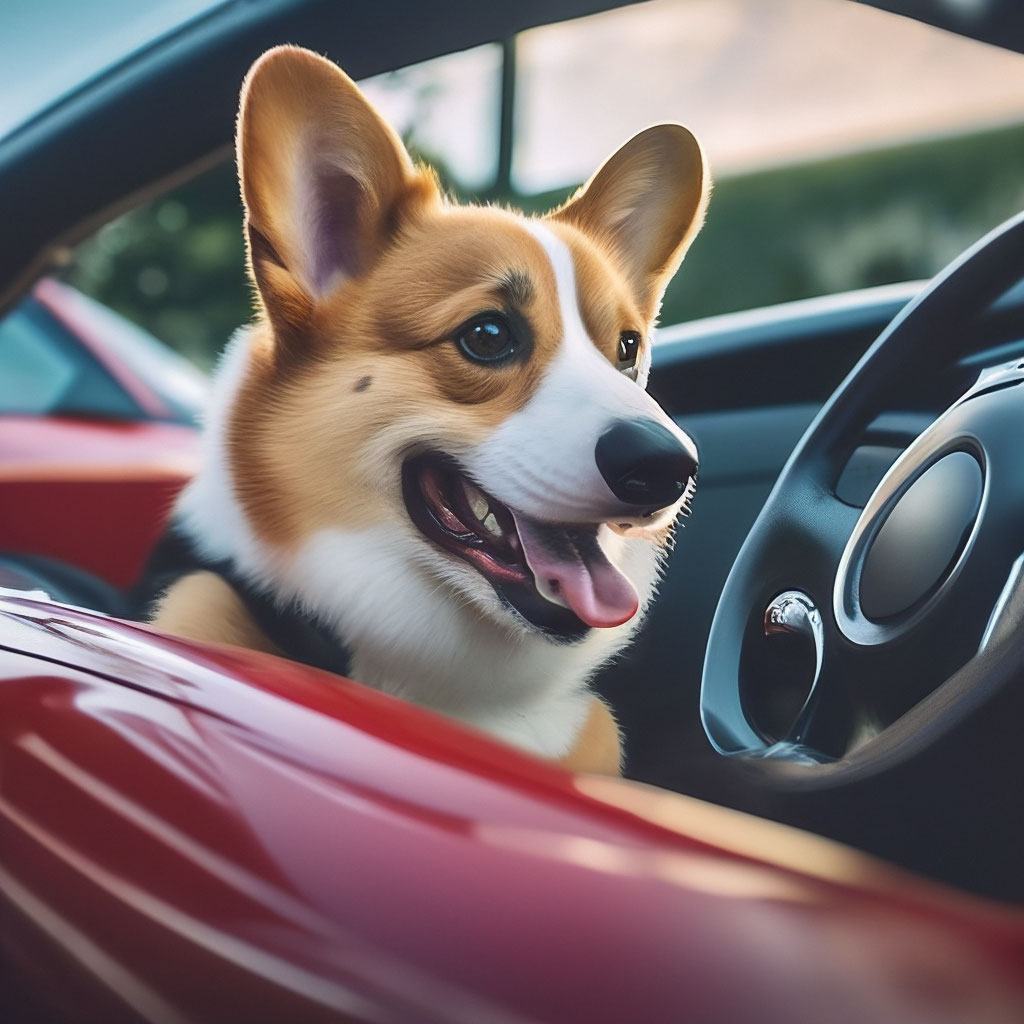 "Corgi driving a sports car, 30mm lens, 1/250s, f/2.8, 4k, high ...