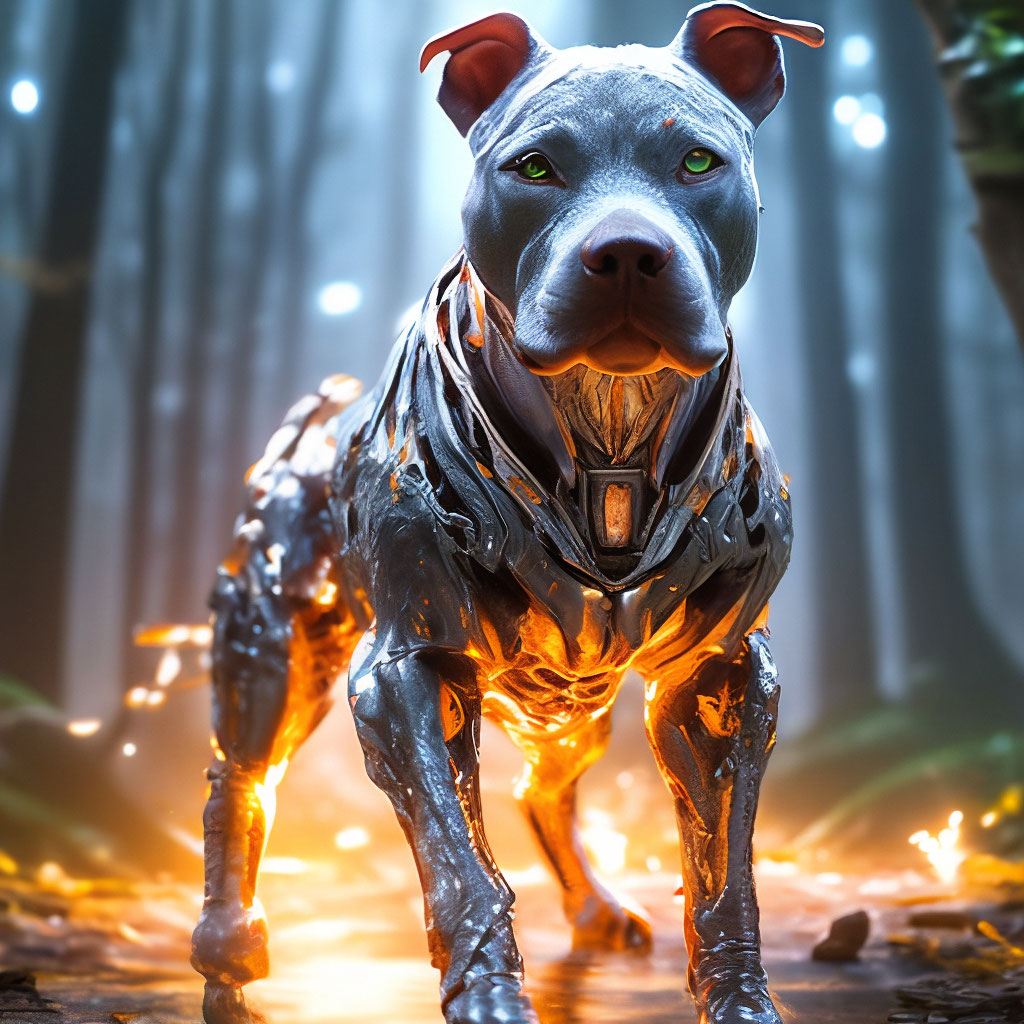 "Ghostly translucent pit bull, futuristic shimmering forest rivers ...