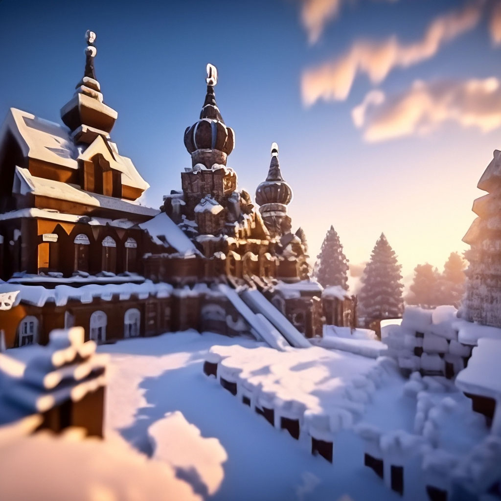 "Realistic, high resolution, in the style of Minecraft Russian winter ...