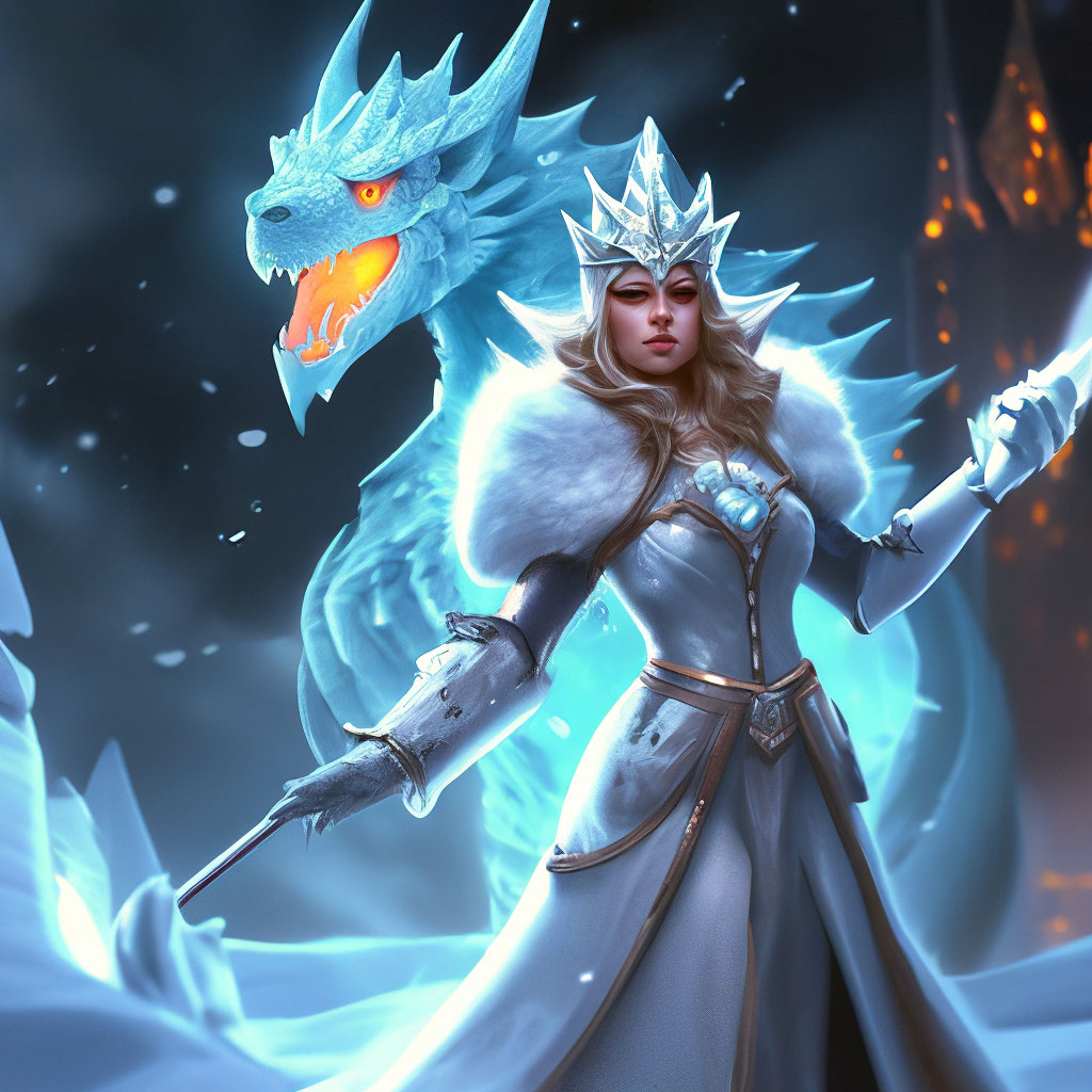 "The snow queen crown of ice, snow coat, neon staff of ice and snow ...