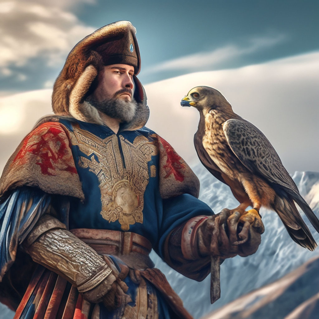 "Falcon sits on the arm of a Russian hero, beautiful background ...