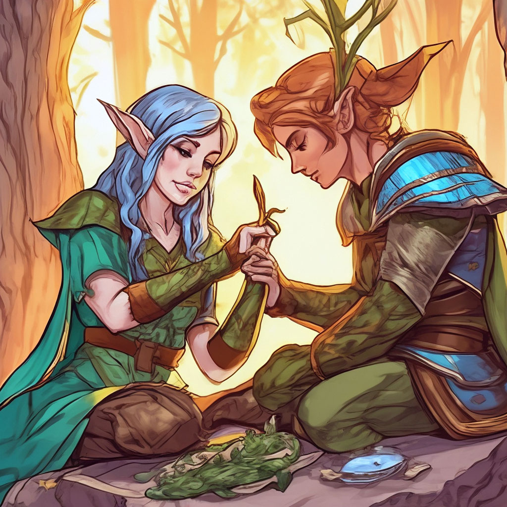 "Elf healer heals the wounded, comic" — image created in Shedevrum