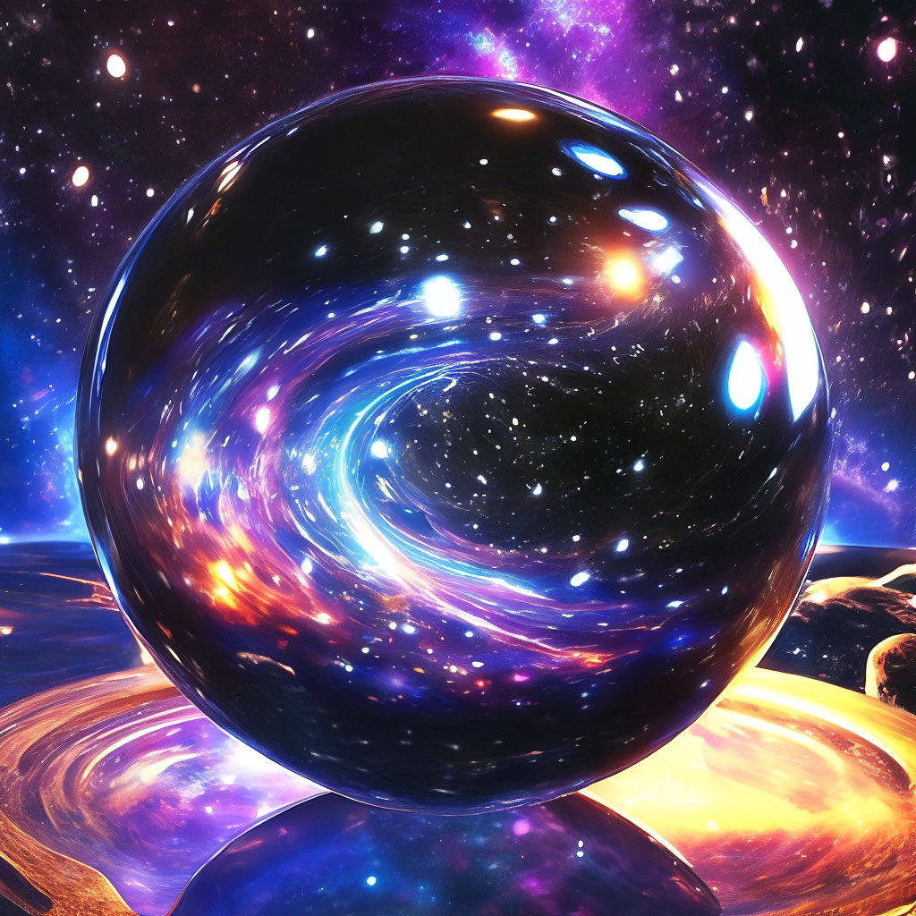 "A large black glossy ball, inside a galaxy, fantastic, glare ...