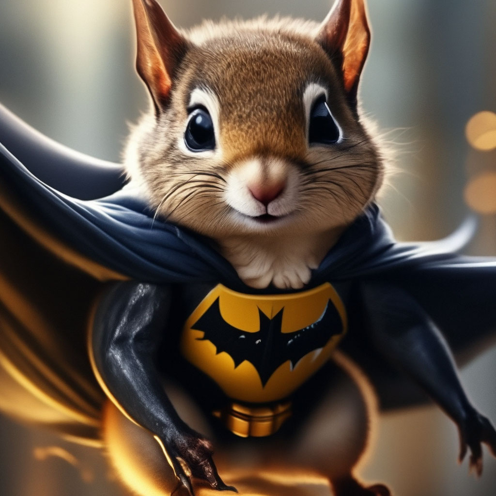 "Cute fluffy flying squirrel 🐿 in the image of Batman,flying,in a ...