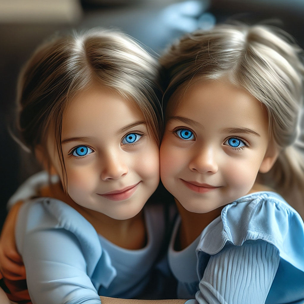 "Good mood! Dark-haired, blue-eyed, beautiful two Slavic girls of three years, twins, hugging ...