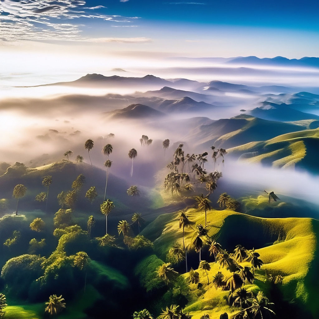 "Hills, palm trees, high-altitude fog, top view, helicopter shooting ...