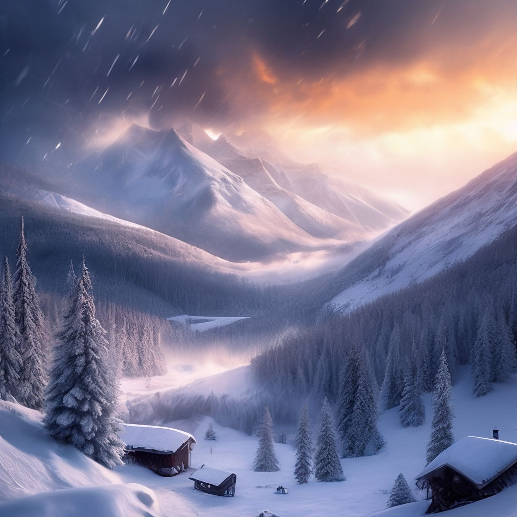 "Winter morning, snow storm in the mountains" — image created in Shedevrum