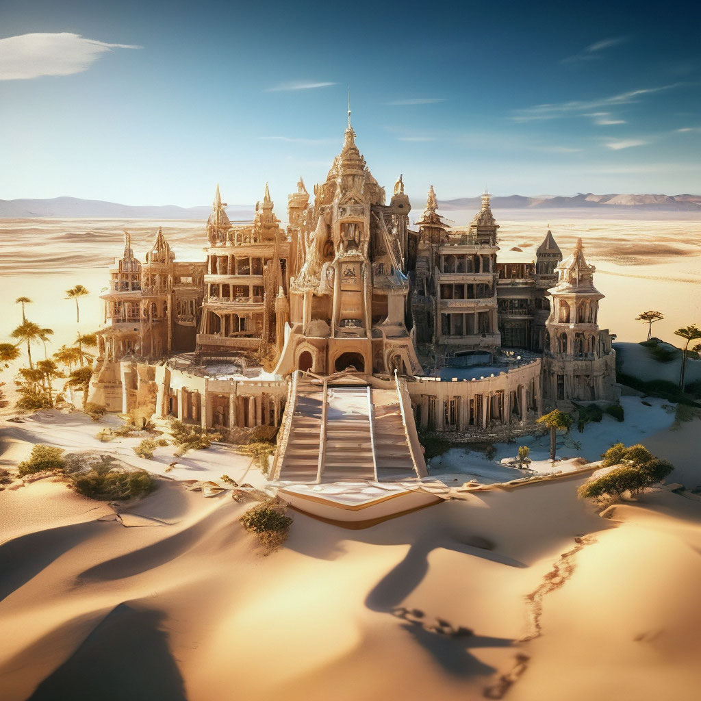 "Huge sandy mansion on the seashore in the desert, real photo ...