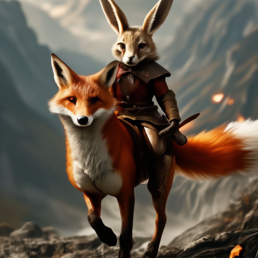 "A hare rides a fox" — image created in Shedevrum