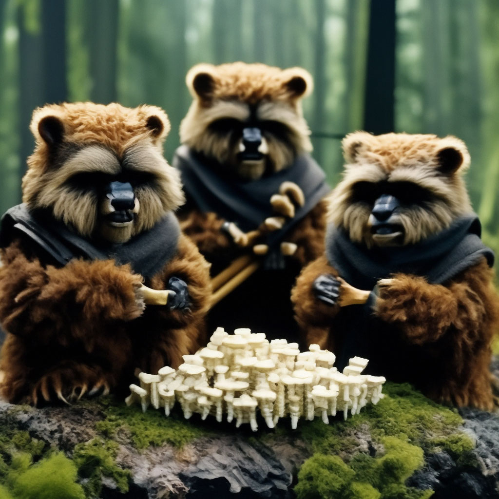 "Ewoks eat enoki" — image created in Shedevrum