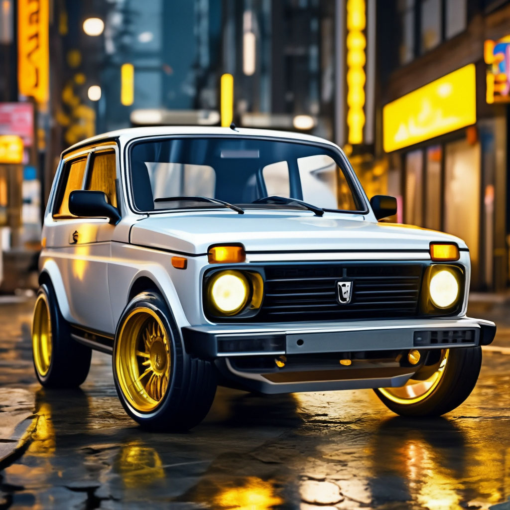 "Lada niva tuning Japan JDM white edition, headlights shine yellow ...