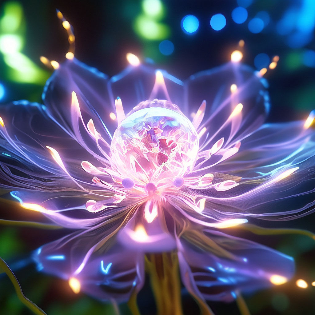 "Fairy flower, petals made of plasma threads, plasma sphere glows in ...