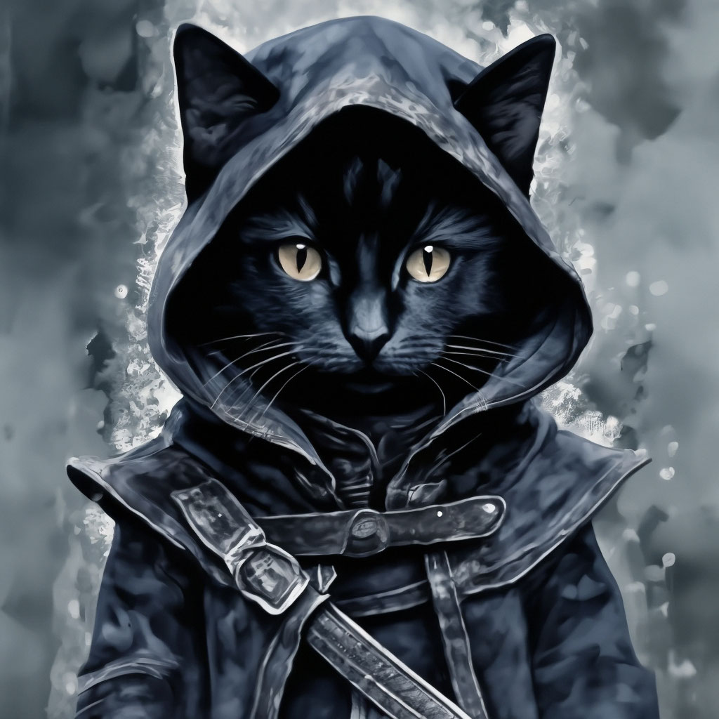 "Black kitten dressed as an assassin, watercolor graphics," — image ...