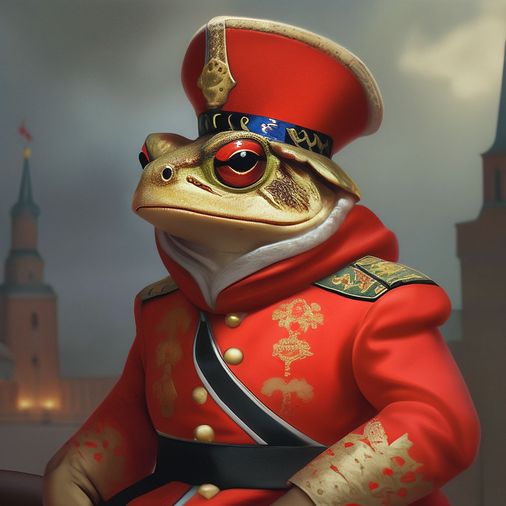 "A toad in the red uniform of the Russian Empire and a black cap ...