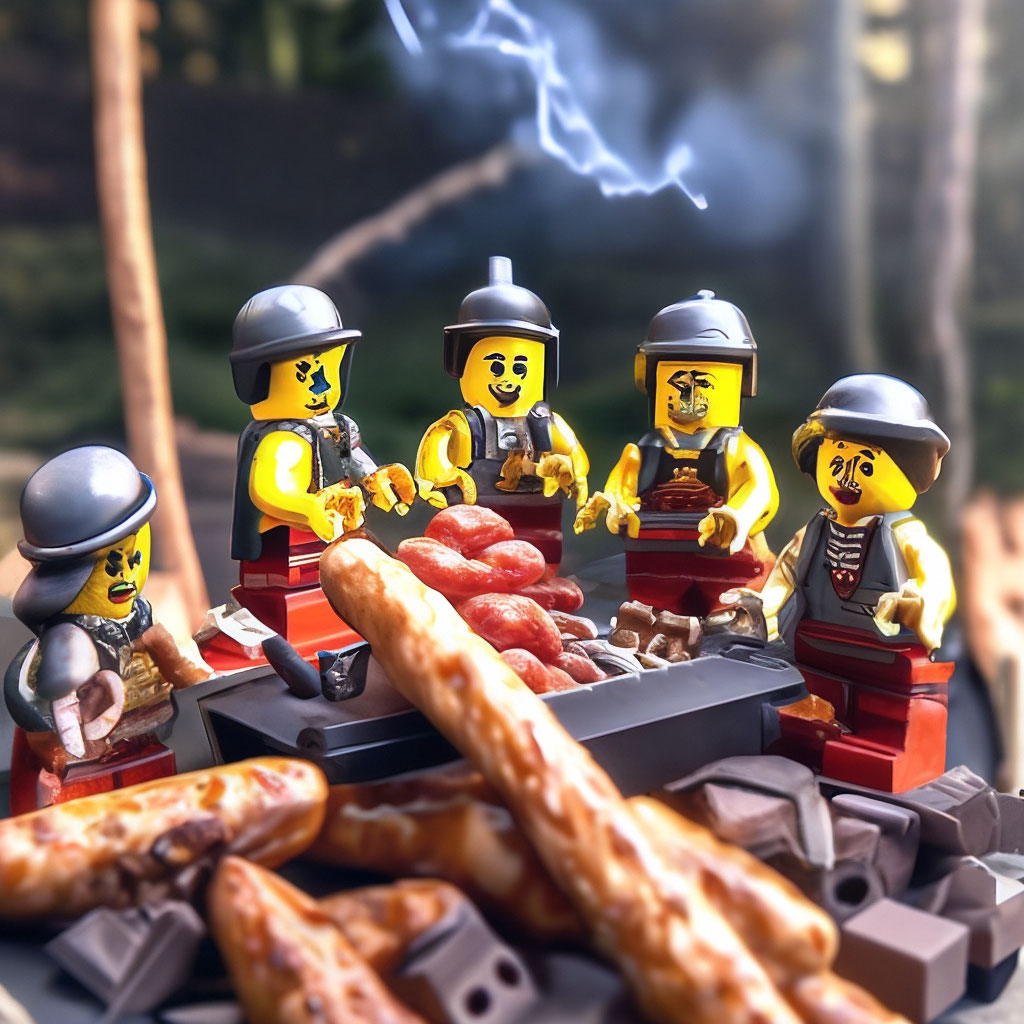 "Lego men roast sausages over a campfire" — image created in Shedevrum