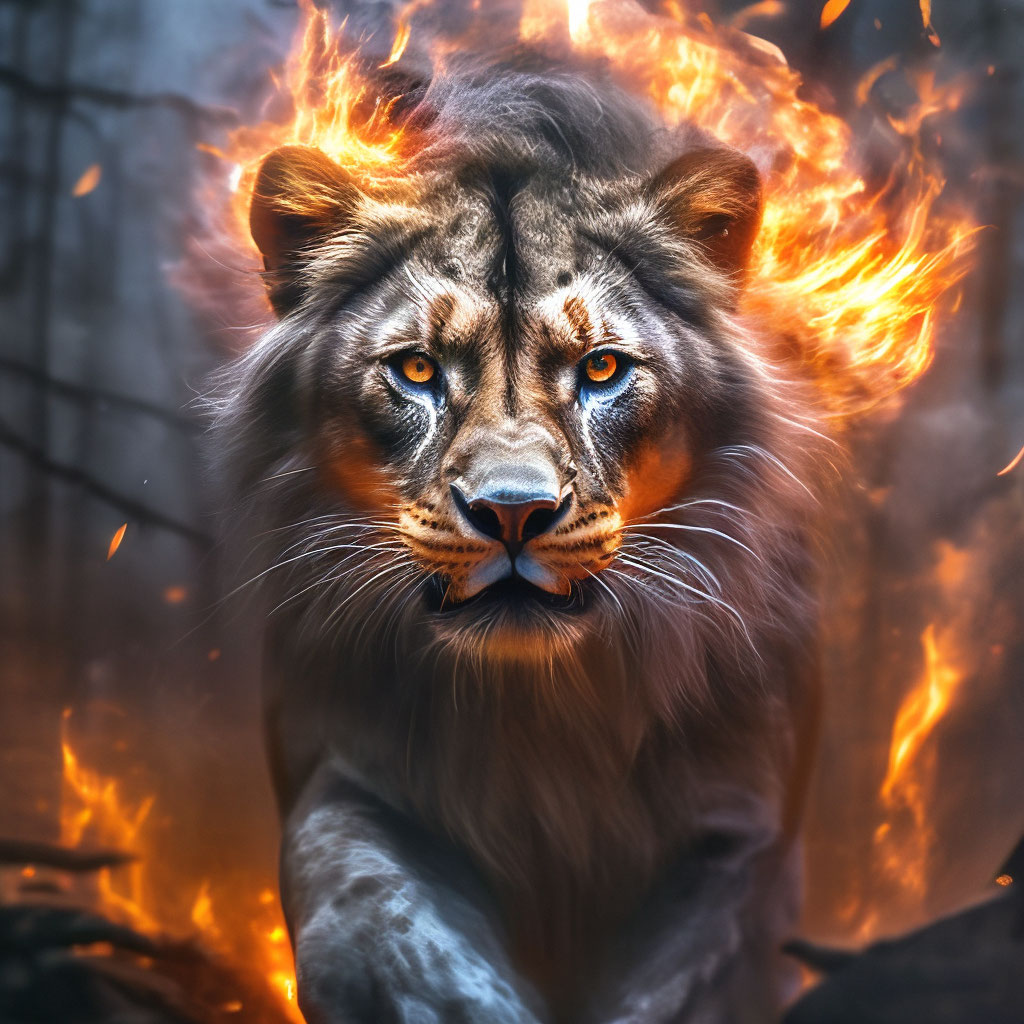 "Hyperrealism, frightening fiery, consisting of smoke and fire lioness ...