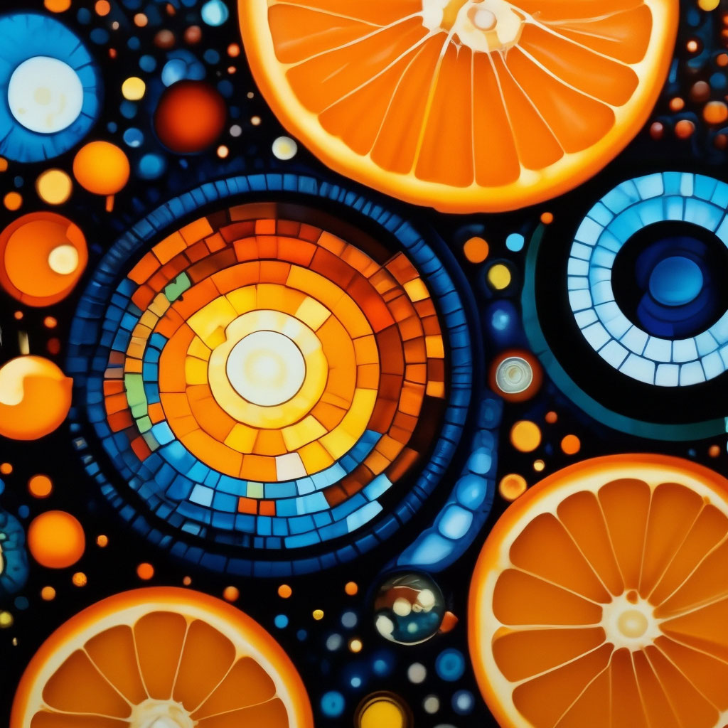 "Orange paradise, surrealism, Kandinsky style, Roman velvet mosaic ...