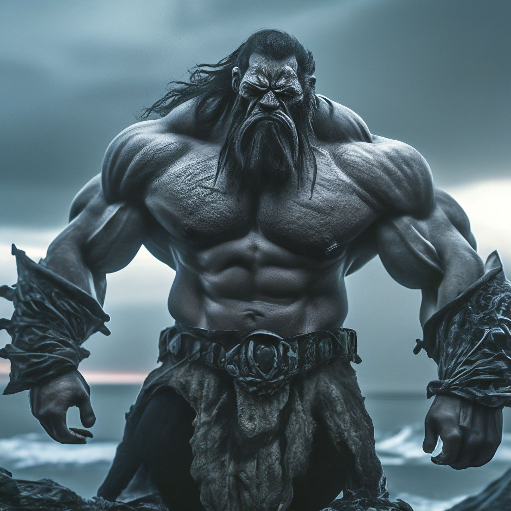 "Wild huge orc bodybuilder, giant arms, powerful muscles, photorealism ...