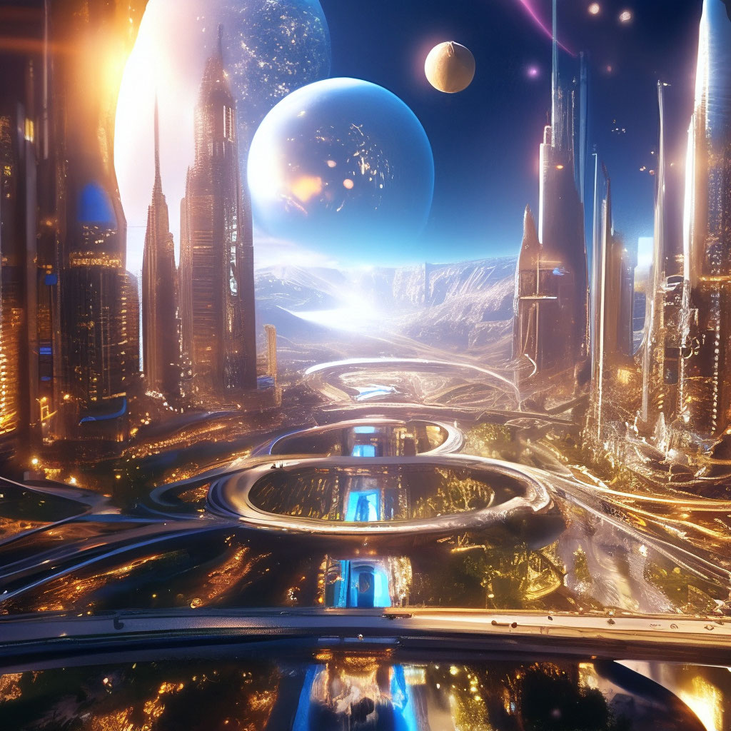 "Magic city, cosmic dust, new age city, multilevel, road, galaxy, high ...