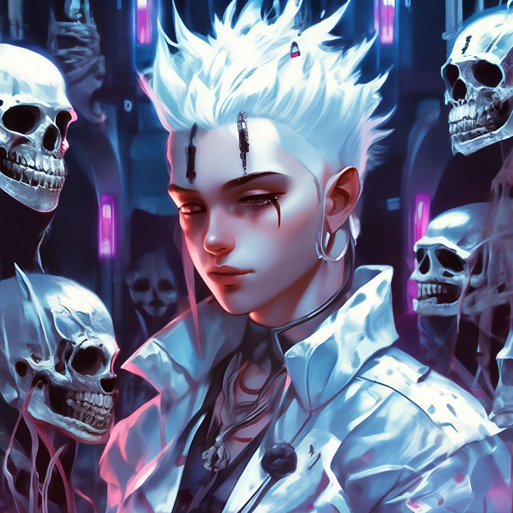 "Young necromancer, white hair on skeletons background" — image created ...