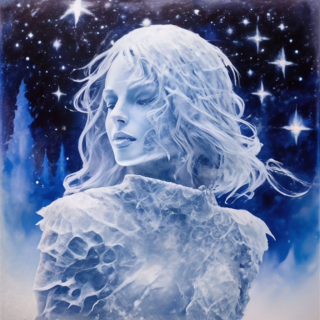 "Ice ghost,made of ice,night,winter,silver,full moon, starfall ...