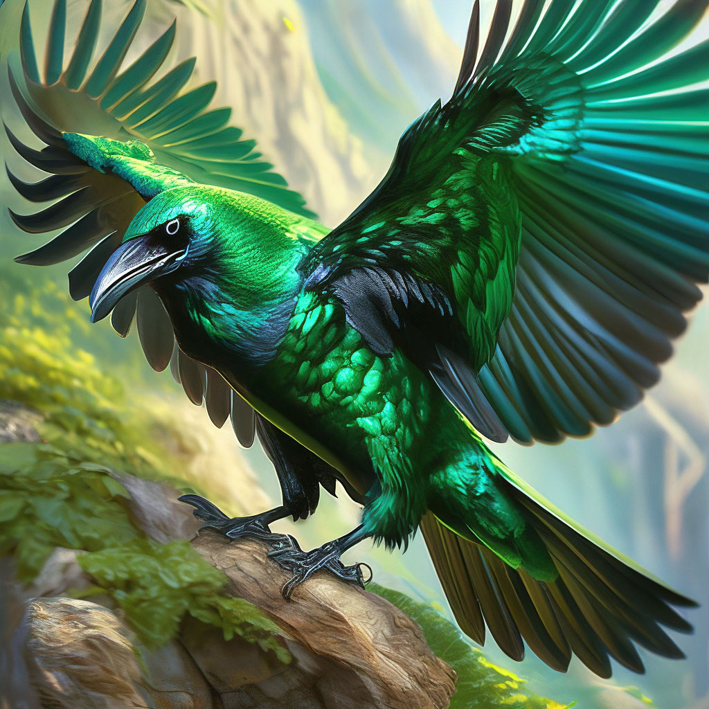 "Emerald raven spread its wings, high detail" — image created in Shedevrum