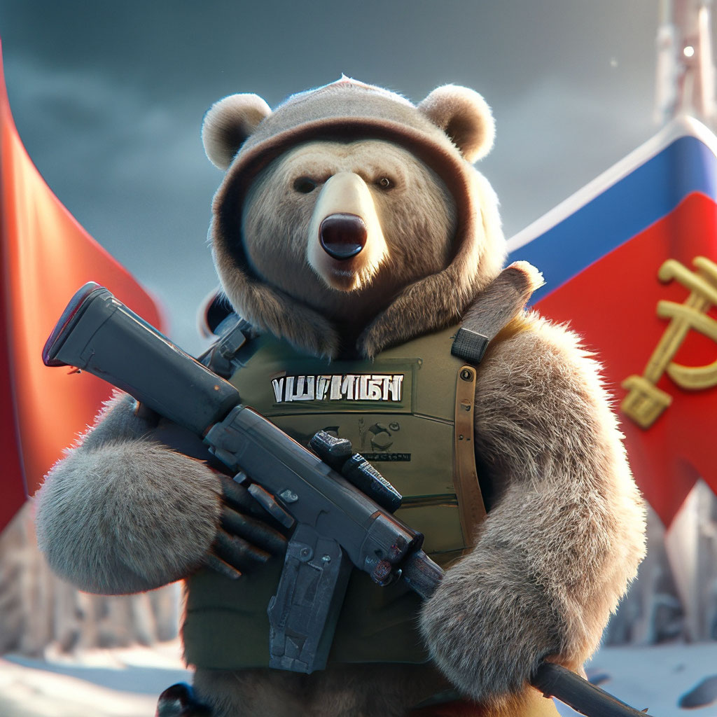 "A bear in an earflap on the background of a Soviet banner with an AK ...