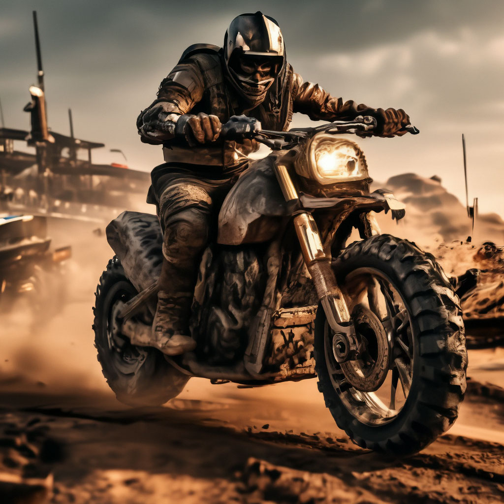 "Fuel post-apocalypse off-road race on a survivalist bike, beautiful ...