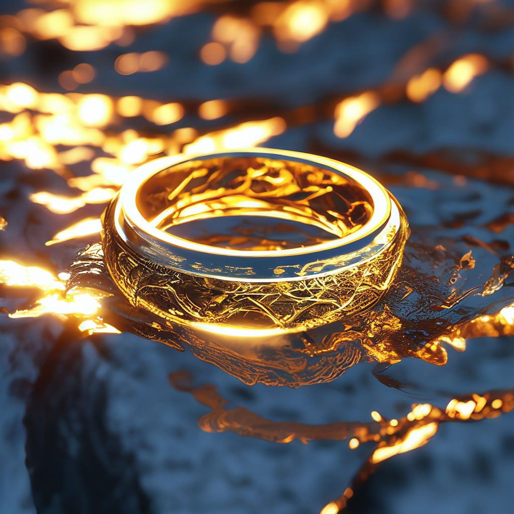 "The golden ring of omnipotence is immersed in liquid lava, glowing ...