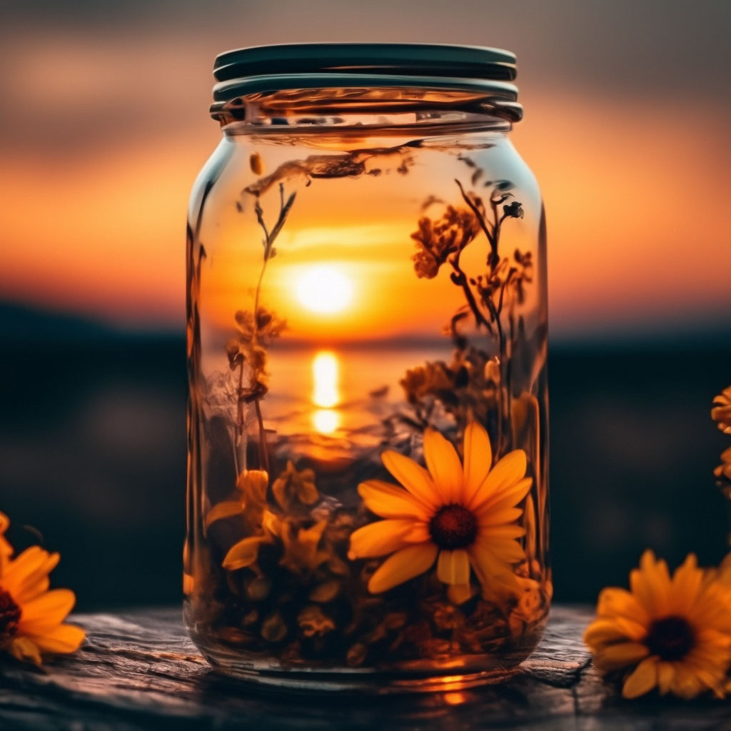 "Sunset in a jar, flowers, fantasy, aesthetically pleasing, beautiful ...