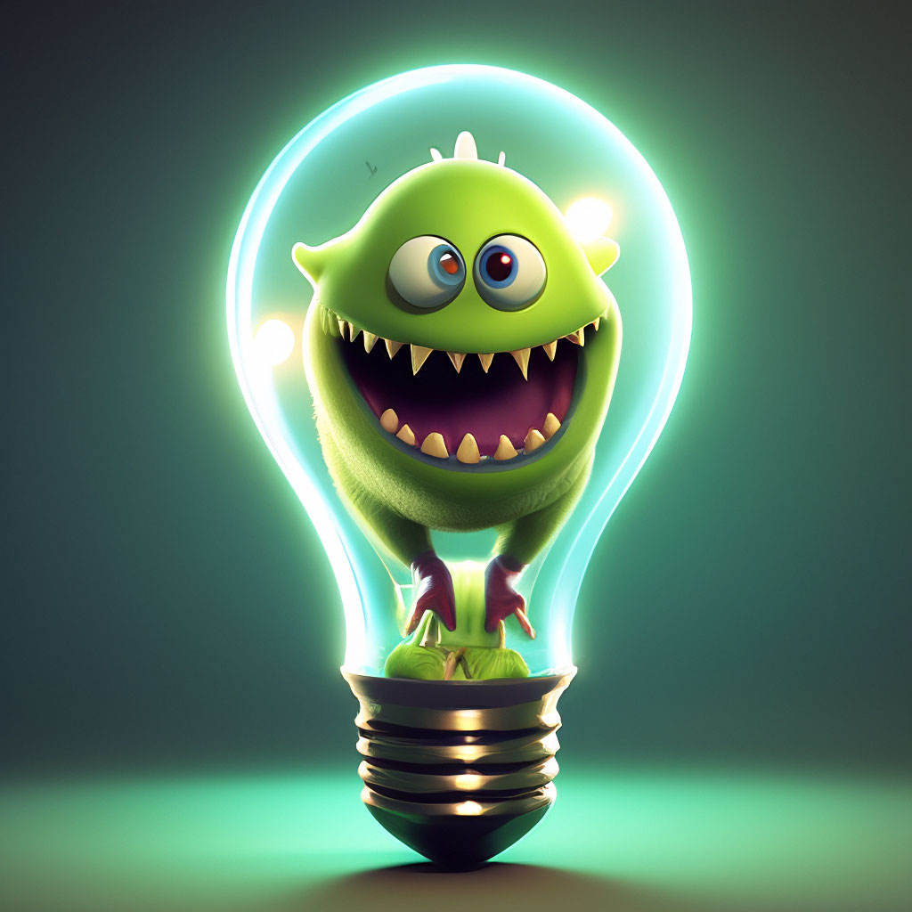 "The monster from the light bulb" — image created in Shedevrum