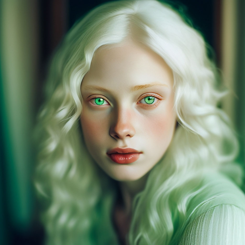 "Beautiful albino girl with green eyes" — image created in Shedevrum