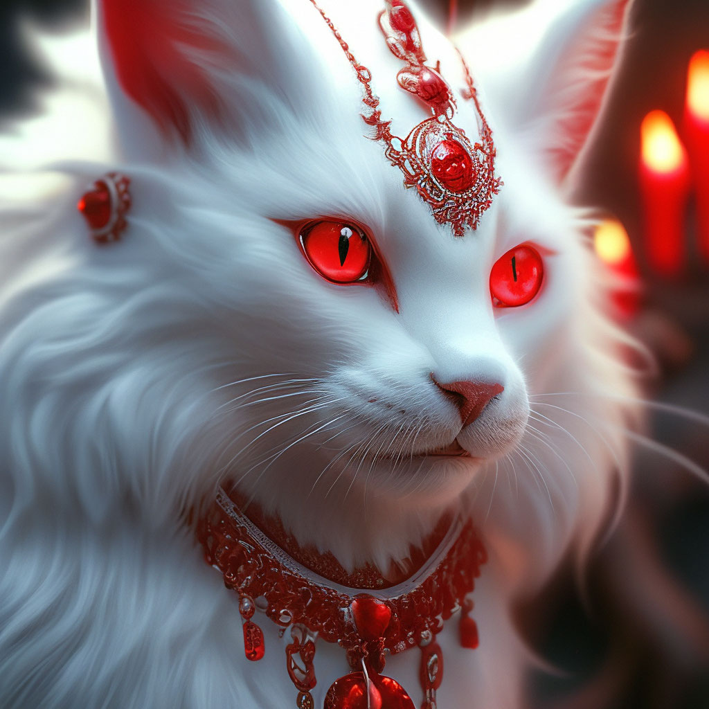 "Mystical white demon+cat, fluffy smooth white fur, with red ornaments ...