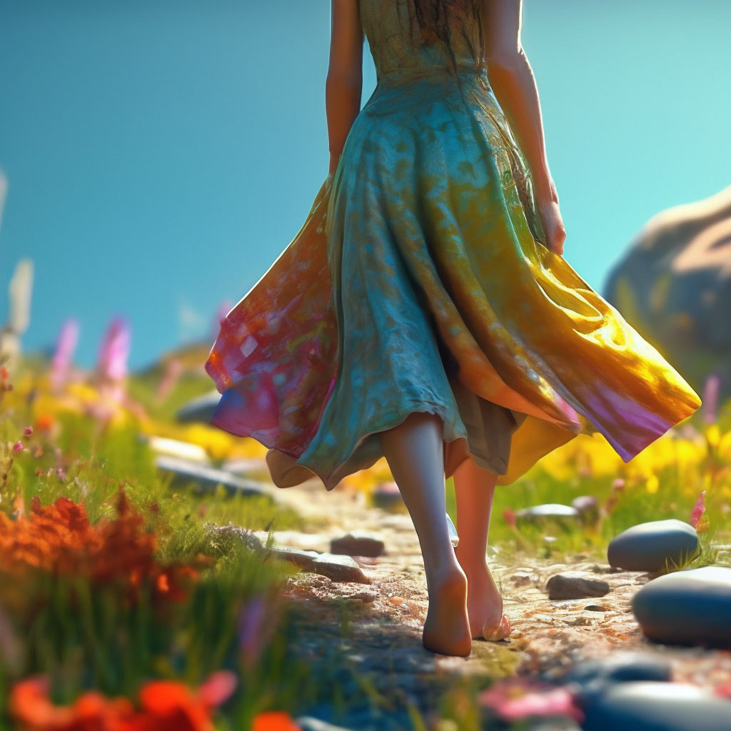 "An elegant, gentle girl in a light unusual dress walks barefoot on ...