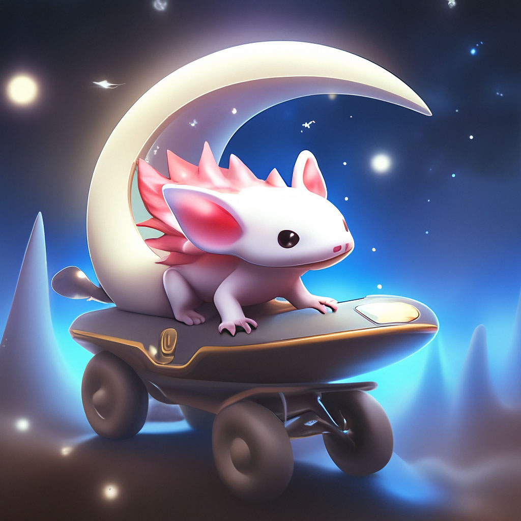 "Axolotl riding on the moon, moonwalk display,magic, 3D,moonlight magic ...