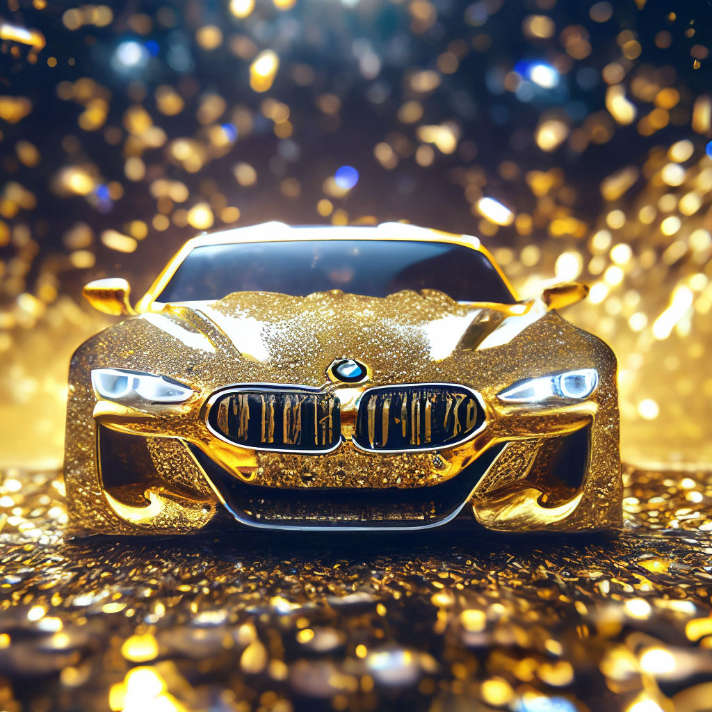"Golden bmw car, surrealism, consists of fractals, rhinestones, lots of ...