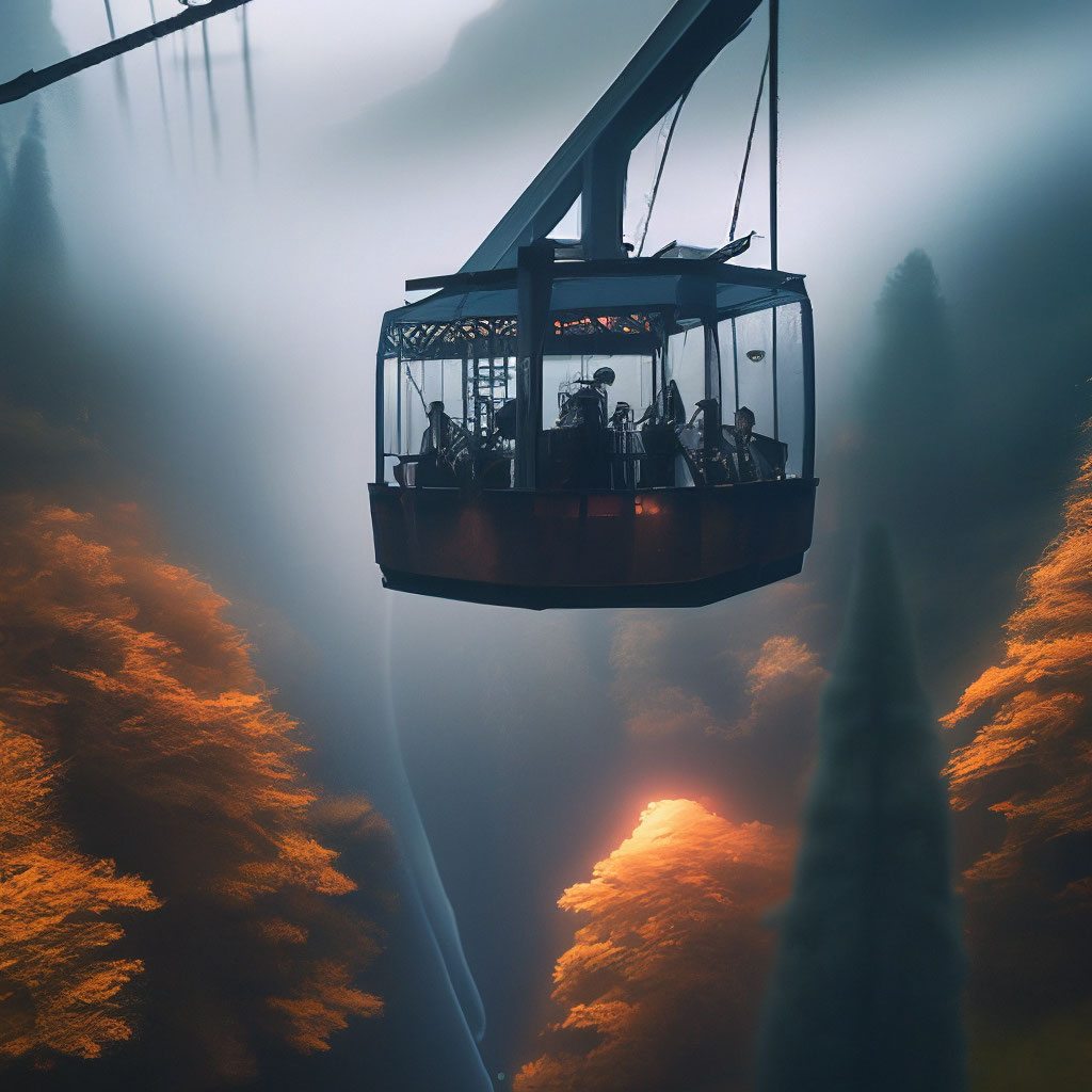 "Cable car, abyss below, night, fog, autumn forest below f400, inner ...