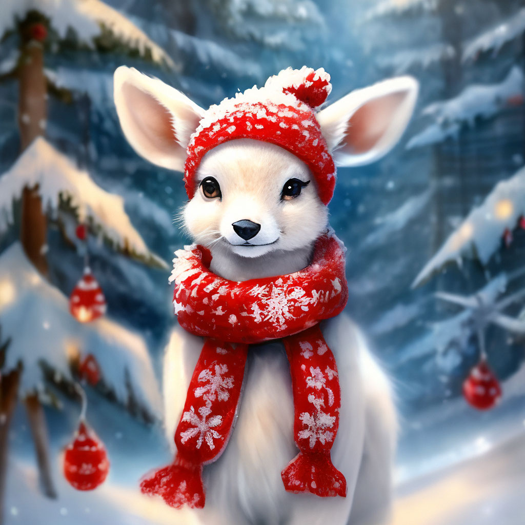 "A cute white fluffy fawn in a red knitted hat and scarf stands tall ...