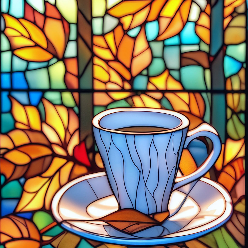 "A cup of coffee among autumn leaves, stained glass technique, high ...