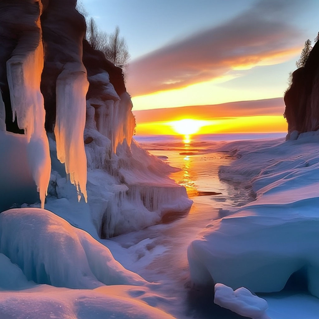 "Forest, sunset, frozen Lake Baikal. Fabulous ice caves and statues ...