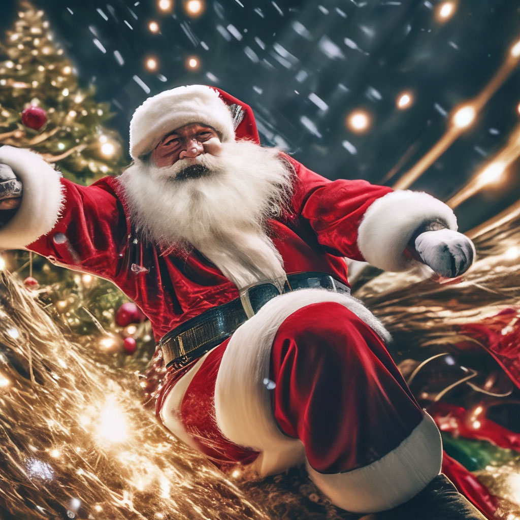 "Santa claus, wrapped wrapped hung with Christmas tree garlands, high ...