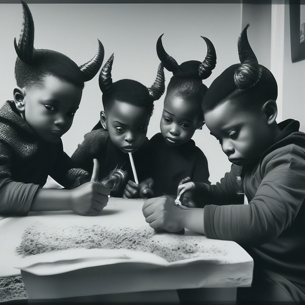 "Four black, dirty little devils were drawing a drawing in black ink ...