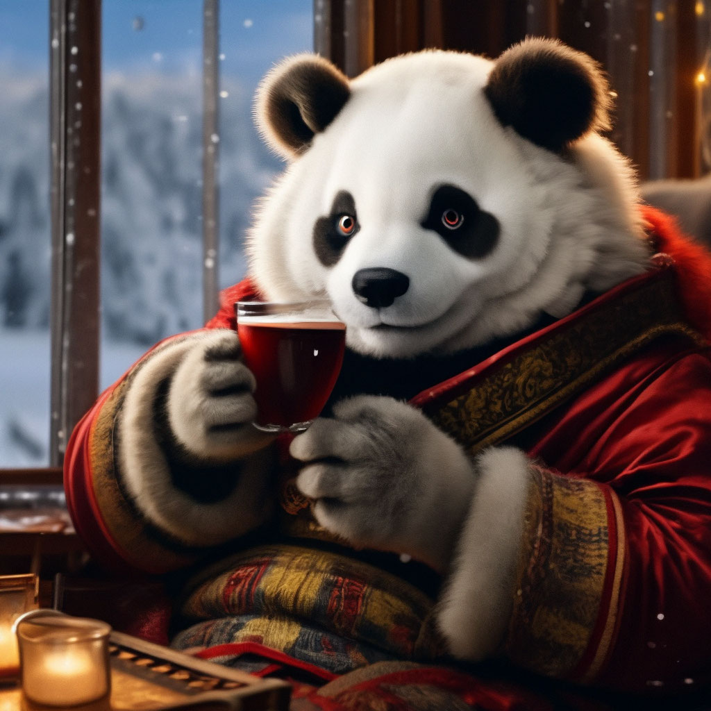 "A detailed anthropomorphic pandaren drinks mulled wine in a ...