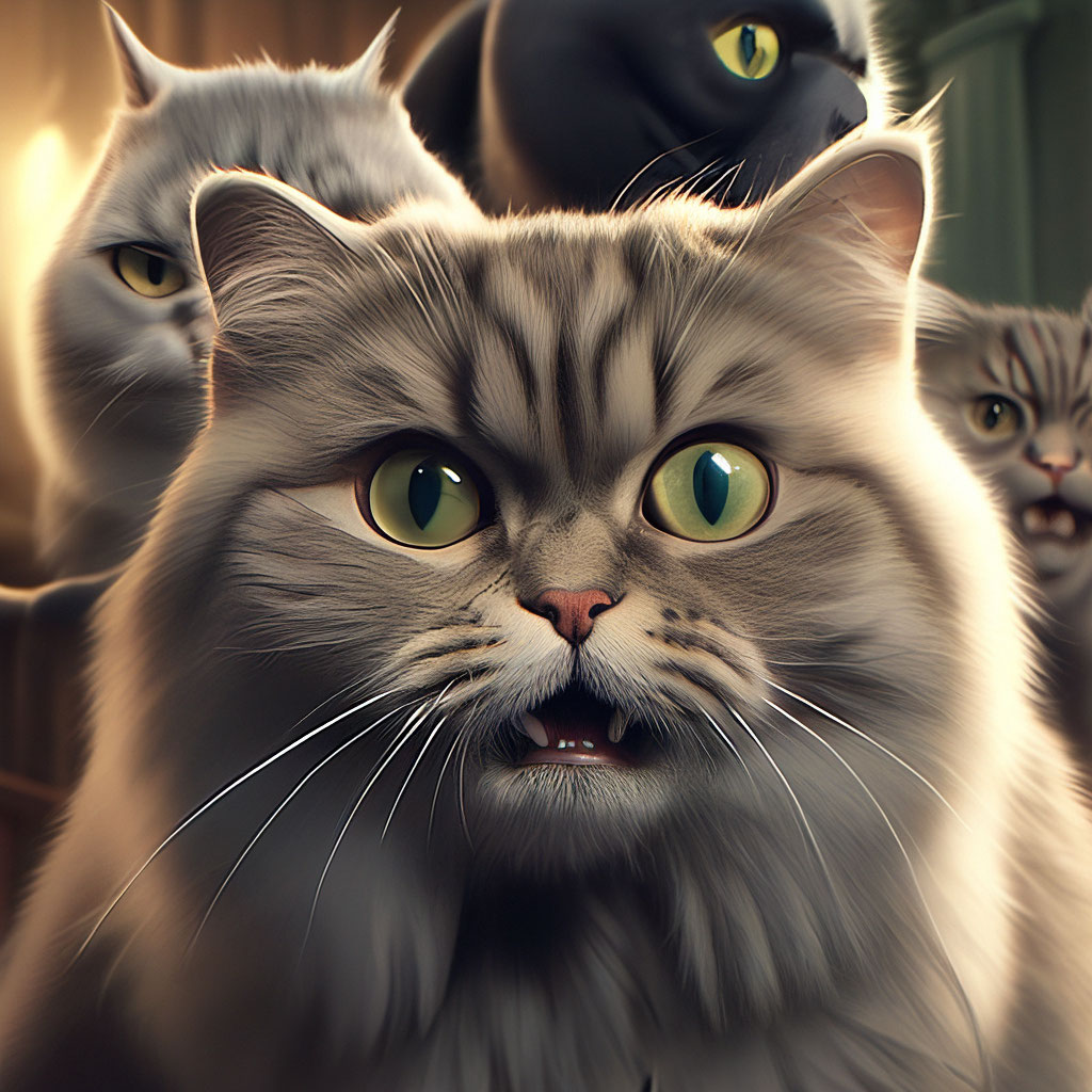"Horror Movie Illustrations: In the foreground is a fluffy brown cat ...