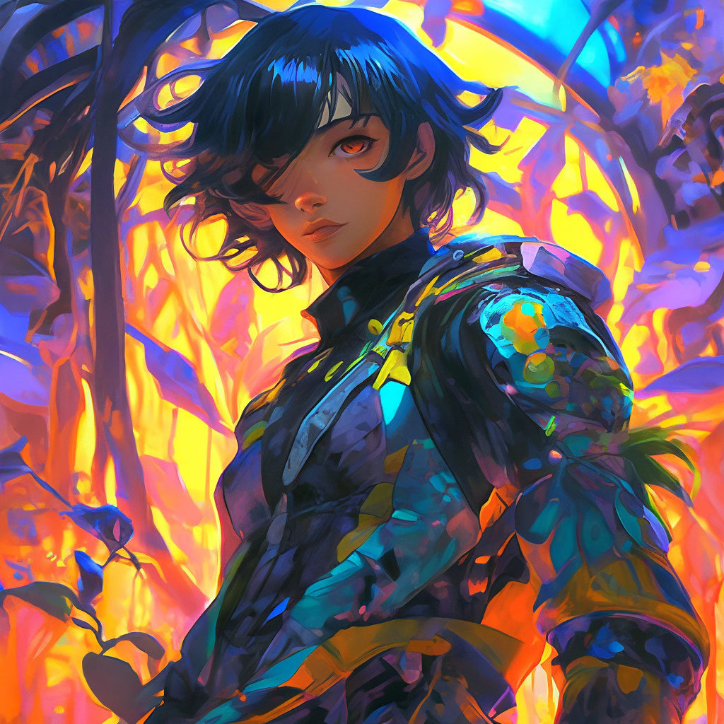"Anime, dark botany, color contrast, thick gouache paints, a guy with ...