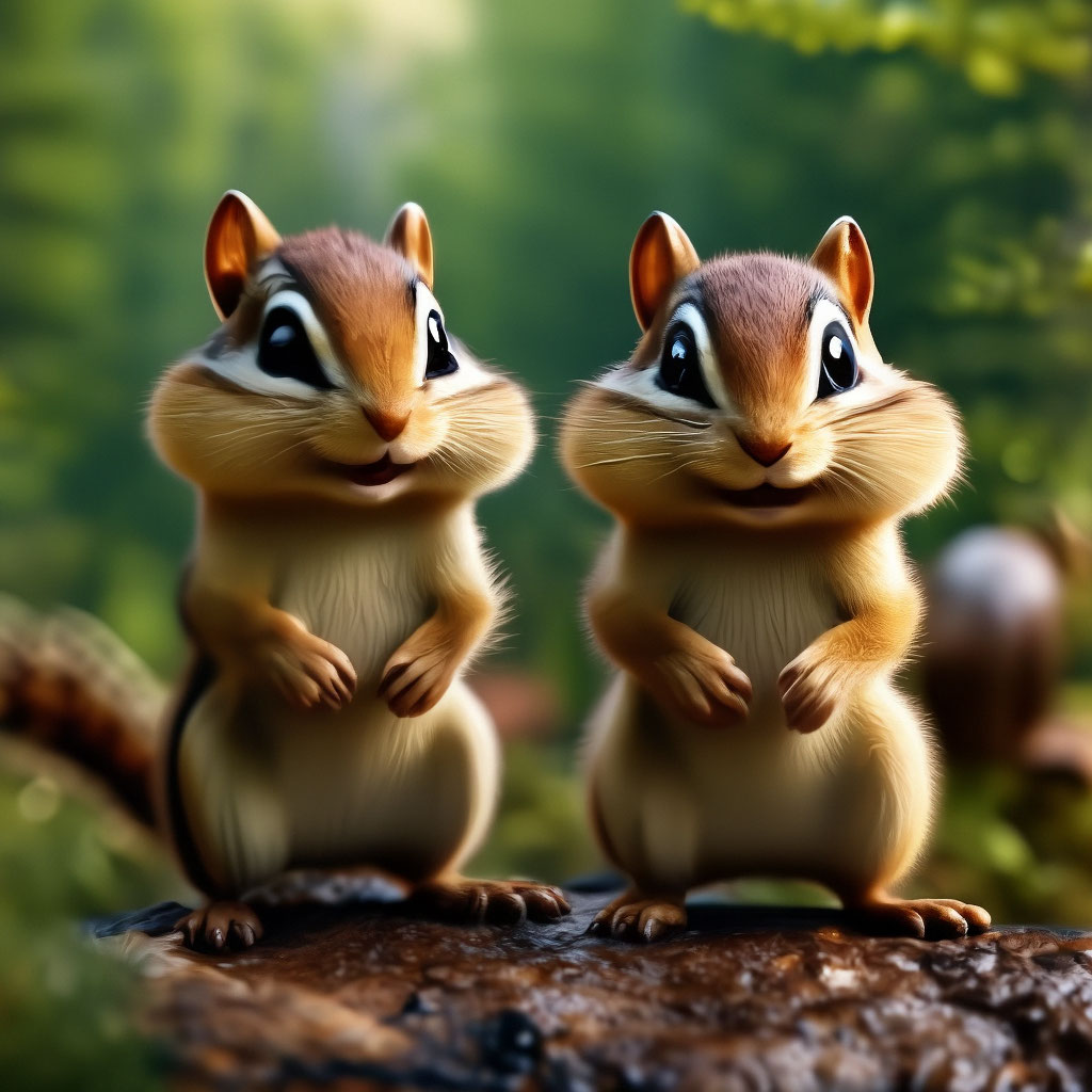 "Funny chipmunks playing in the forest, beautiful, realistic ...