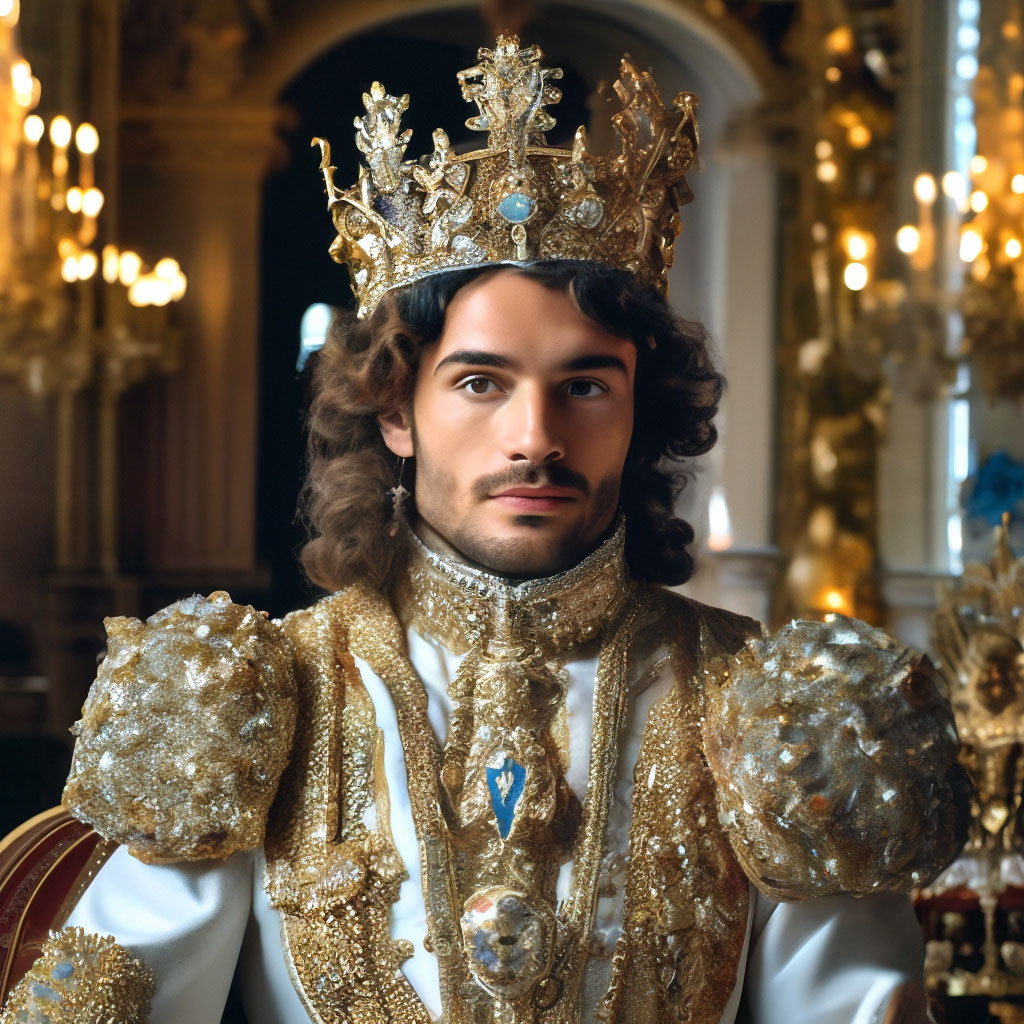 "A handsome Baroque king with a crown on his head studded with diamonds ...