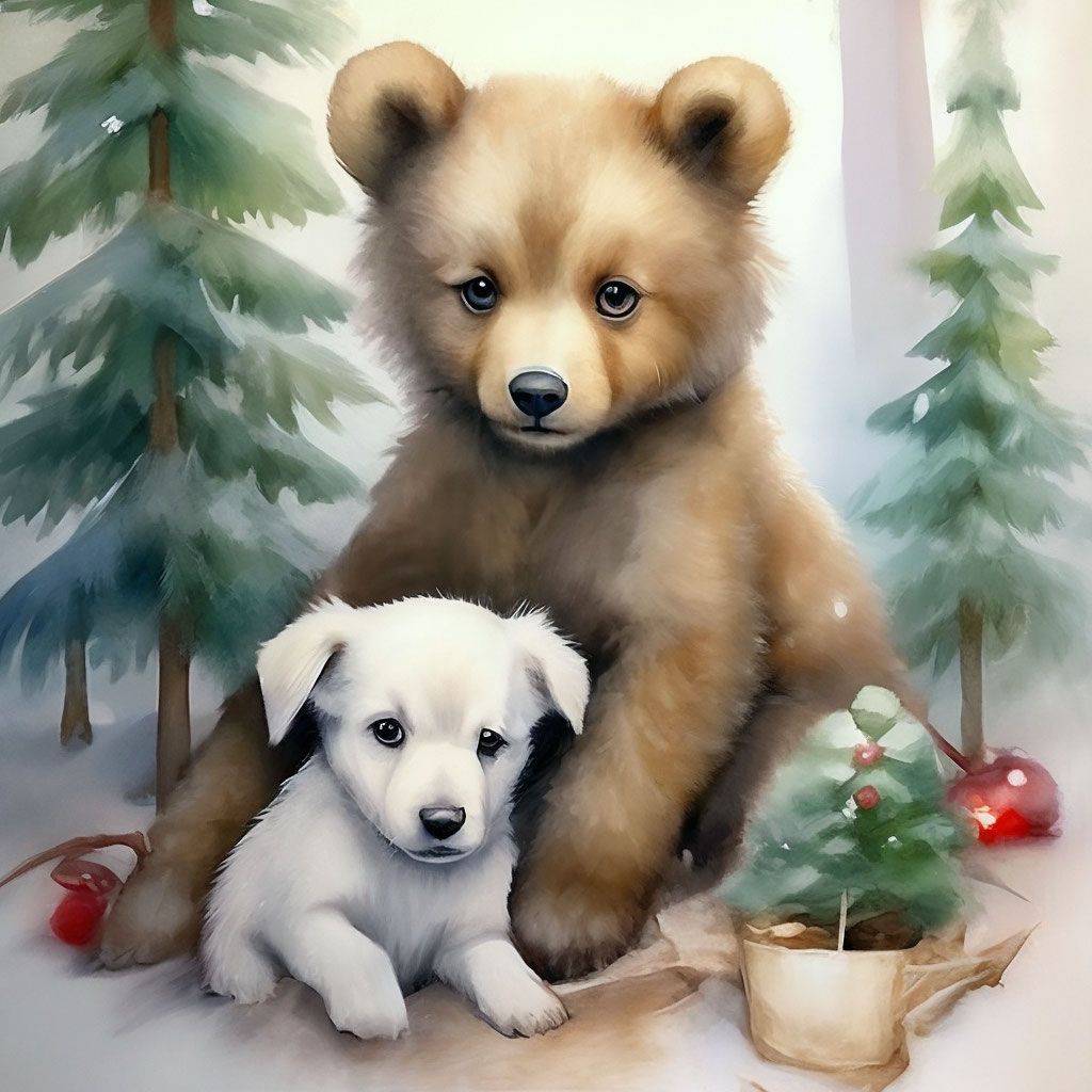 "Watercolor, fine drawing, pencil outline, cute realistic bear cub ...