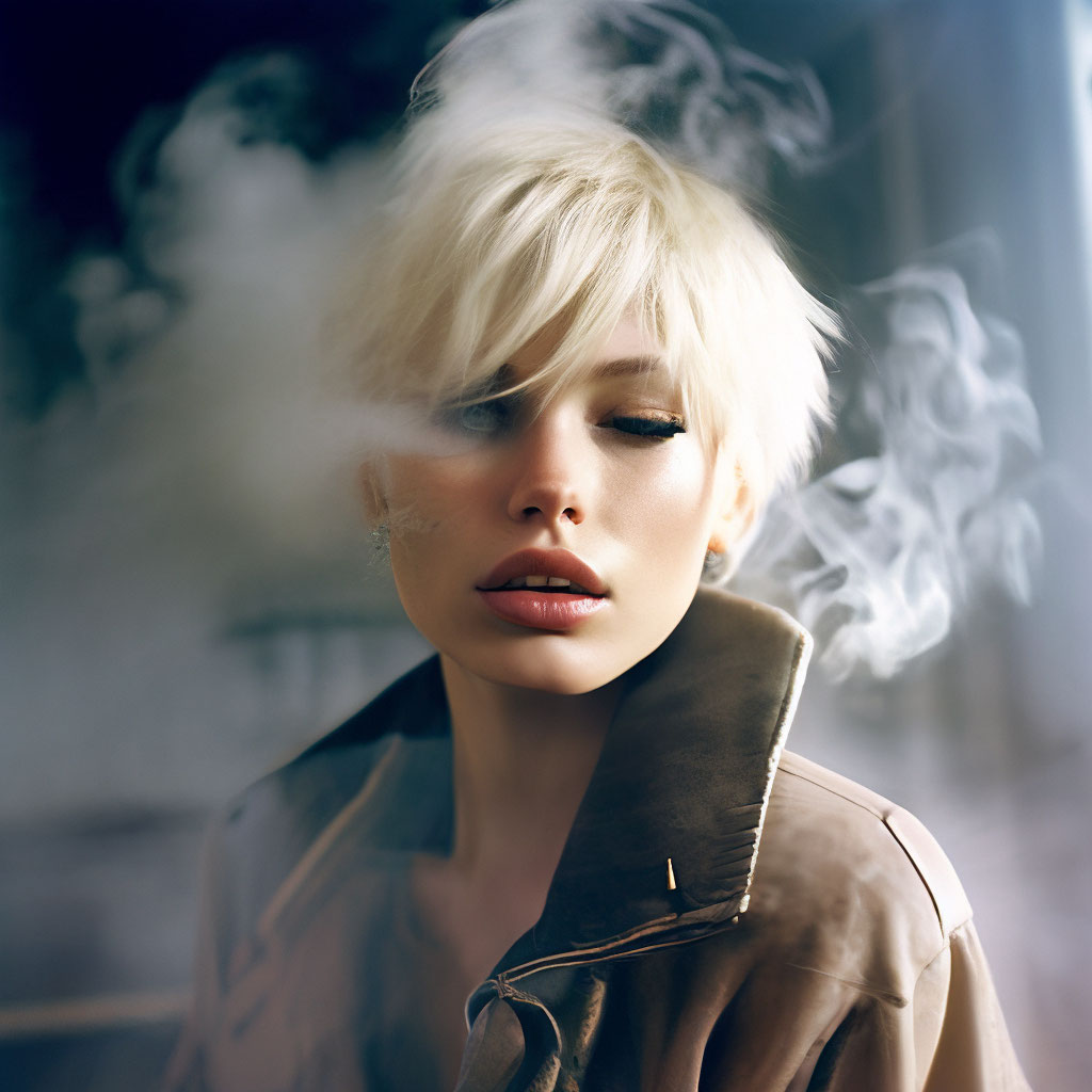 "Blonde,pixie haircut,cigarette smoke, smoke from the mouth,ripples ...