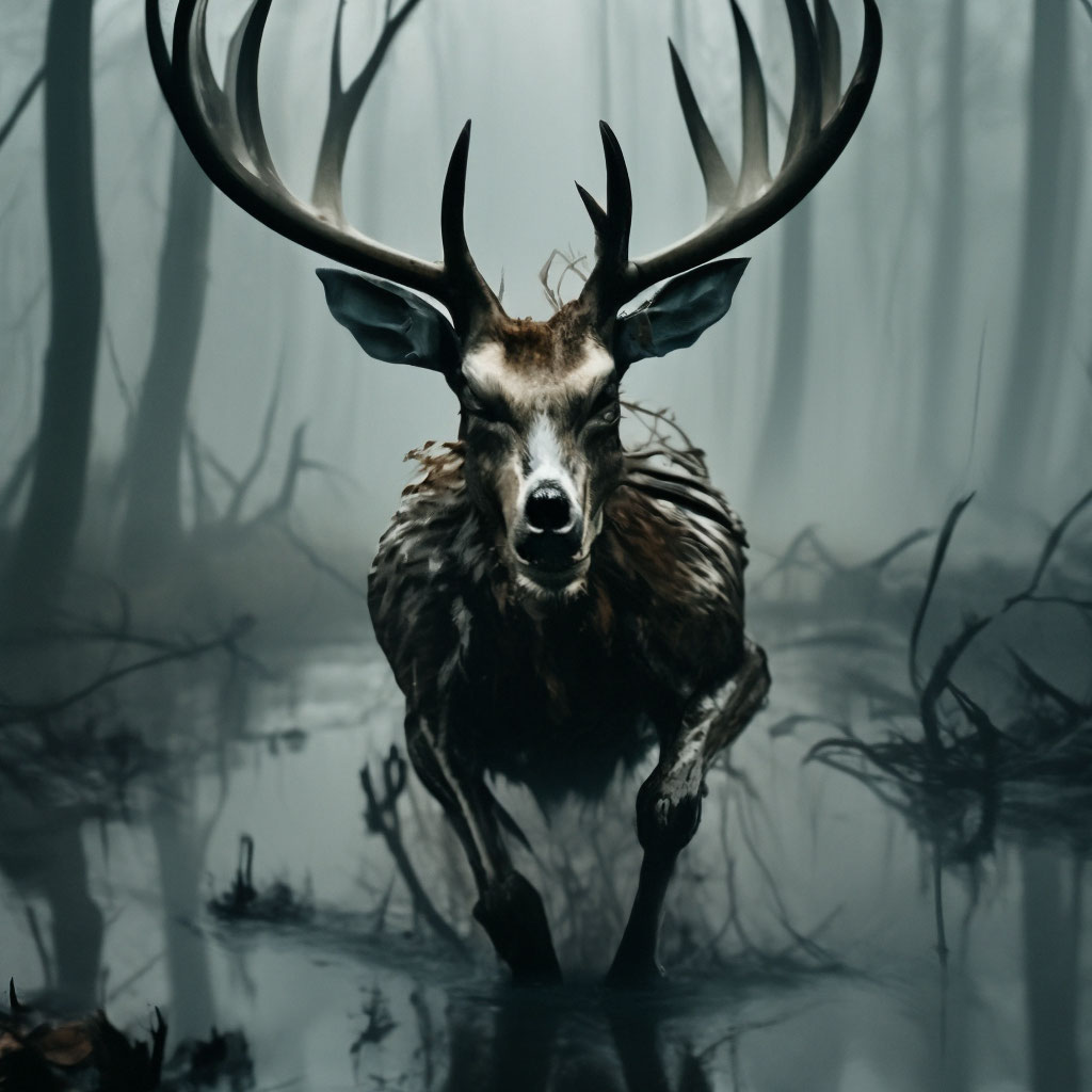 "Zombie deer with two heads running through a foggy swamp,apocalypse ...
